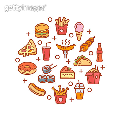 Round design with fast food and drink elements. Vector illustration ...