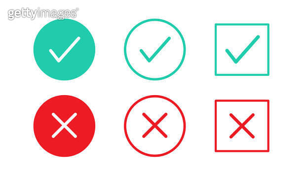 Green check mark and red cross icon. Set of True and false icons on ...