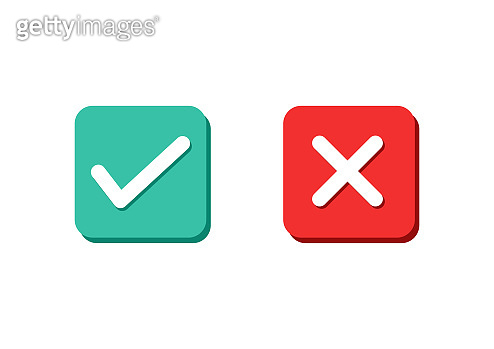 True and false flat icons. Green check mark and red cross button. Yes ...
