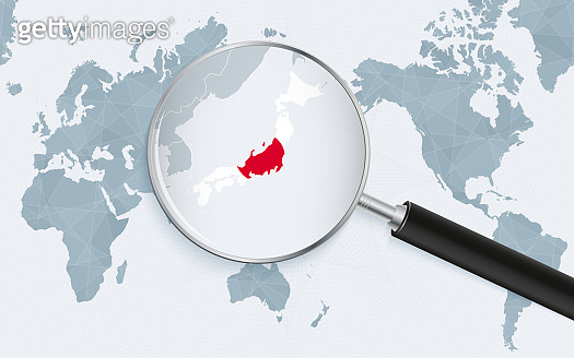 Asia centered world map with magnified glass on Japan. Focus on map of ...