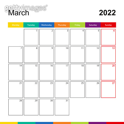 March 2022 colorful wall calendar, week starts on Monday. 이미지 ...