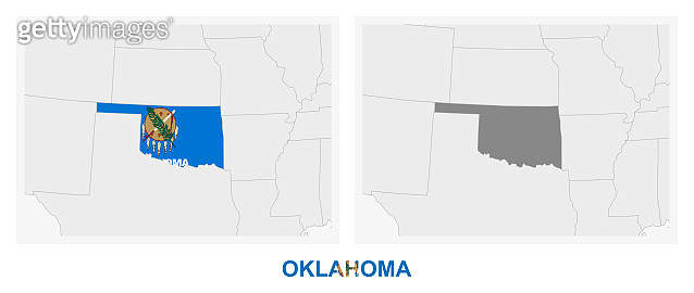 Two versions of the map of US State Oklahoma, with the flag of Oklahoma ...
