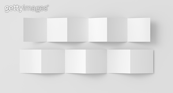 Square page zigzag or accordion fold brochure. Six panels, twelve pages ...