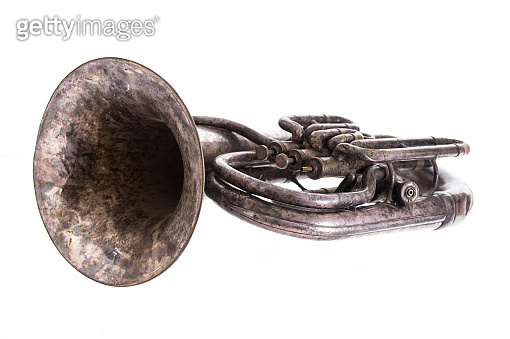 old musical wind instrument isolated on white background 이미지 ...