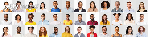 Different diverse human portraits over white and gray backgrounds ...