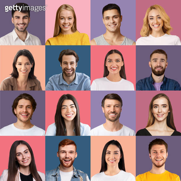 Attractive people smiling at camera, set of closeup portraits 이미지 ...