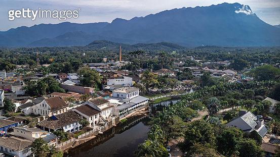 Aerial view of the historic center of Morretes, State of Paraná, South ...