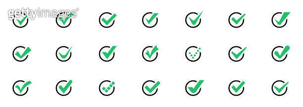 Set of check mark icons in a circle. Check marks or ticks. Green confirm symbol. Check list icon ...