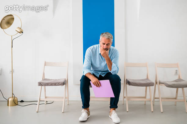Sad businessman applying for a new job and waiting , Pre interview ...