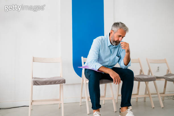 Sad businessman applying for a new job and waiting , Pre interview ...