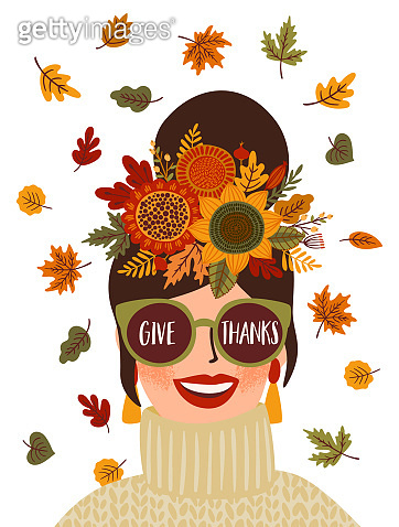 Happy Thanksgiving isolated illustration. Cute lady in wreath and ...