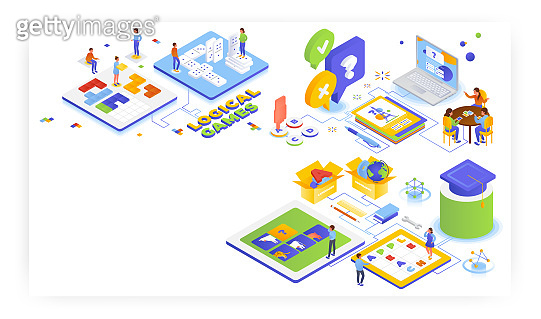 Logical learning games for kids, vector isometric illustration. Online trivia quiz, domino, word ...