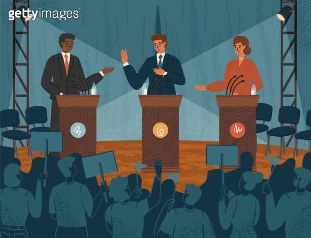 Politicians standing on podium and debating. National election and ...