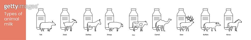 Types of animals milk vector linear icon, illustration of animals ...