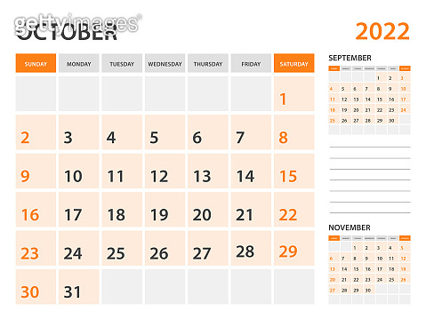 Calendar 2022 template-October 2022 year, monthly planner, Desk ...
