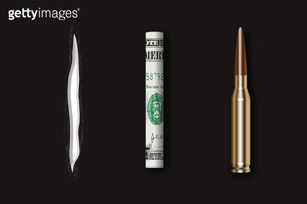 Cocaine, rolled dollar and bullet, narcos war concept, vector ...