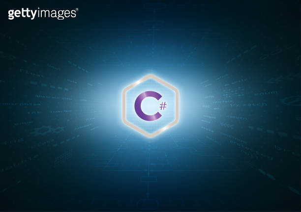 C Sharp sign and program code on blue background. c# programming ...