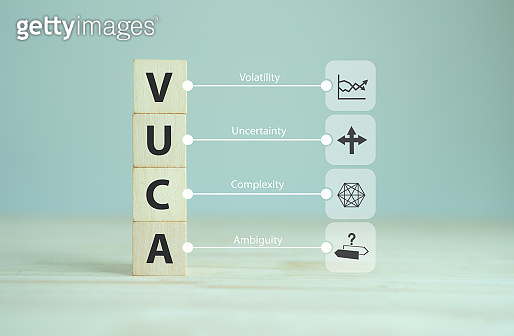 VUCA and strategic management. Wooden cubes with VUCA icon and text ...