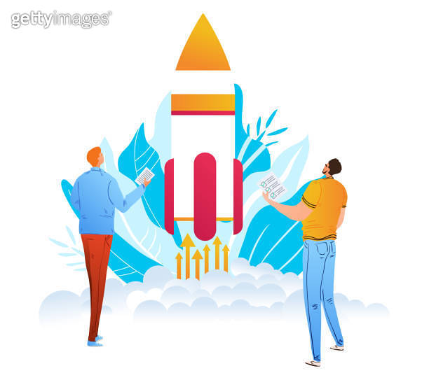 Startup launching process infographic technology character male ...