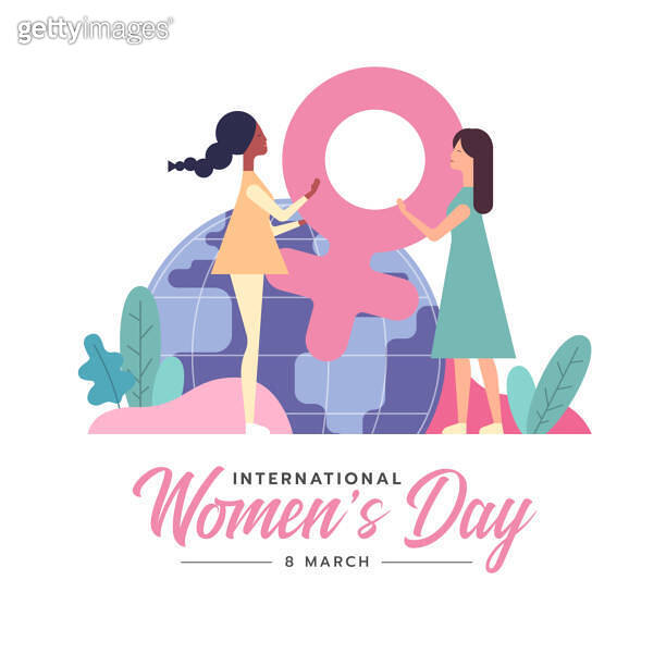 international women's day two women raising a female symbol on globle ...