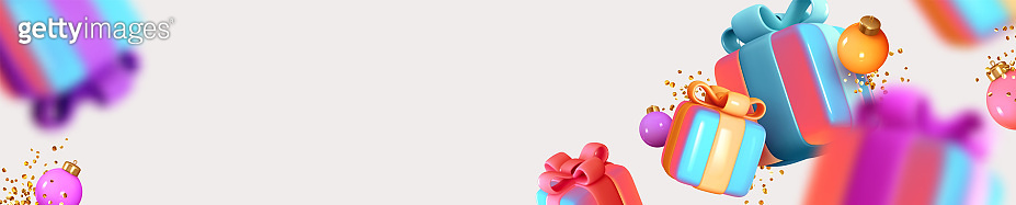 Christmas banner with gift boxes. Header poster for Website. Hologram ...