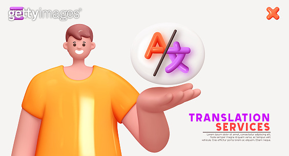 Translator Online service. Happy cheerful young man hold open palm arm ...