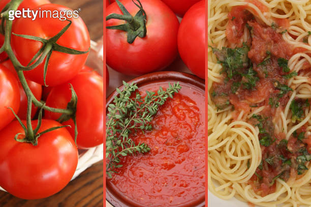 Tomato sauce and raw tomato sauce with basil and garlic Condiments and ...