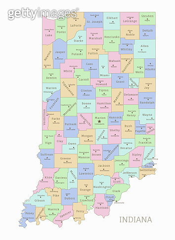 Political color map of Indiana, USA federal state 이미지 (1411166966) - 게티 ...