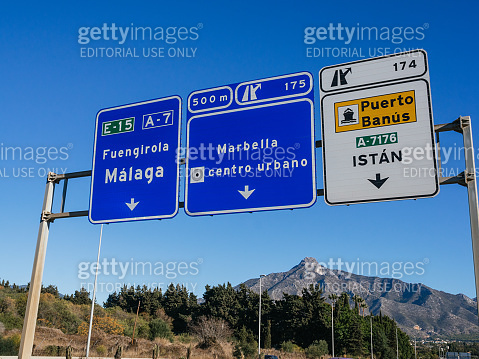 Traffic sign of the highway of the Costa del Sol, Spain, in the ...
