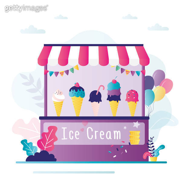 Dairy fresh ice cream booth. Shop with awning. Local store, food kiosk ...