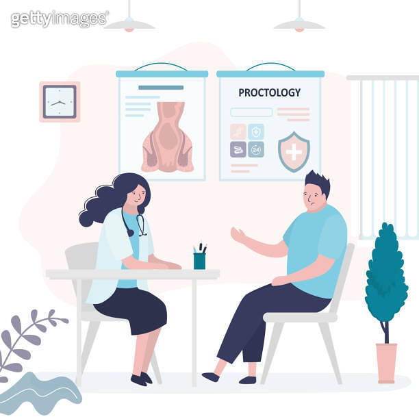 Young adult consult with doctor proctologist. Medical office interior ...