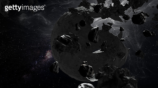 3D rendering of deep space with Dead Hollow planet and asteroids ...