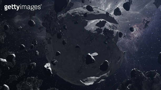 3D rendering of deep space with Dead Hollow planet and asteroids ...
