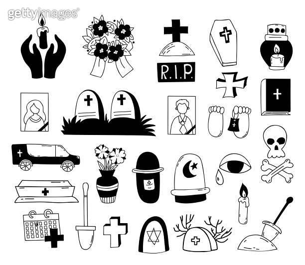 Death and funeral. Collection vector doodles. Grave, cross, cemetery ...