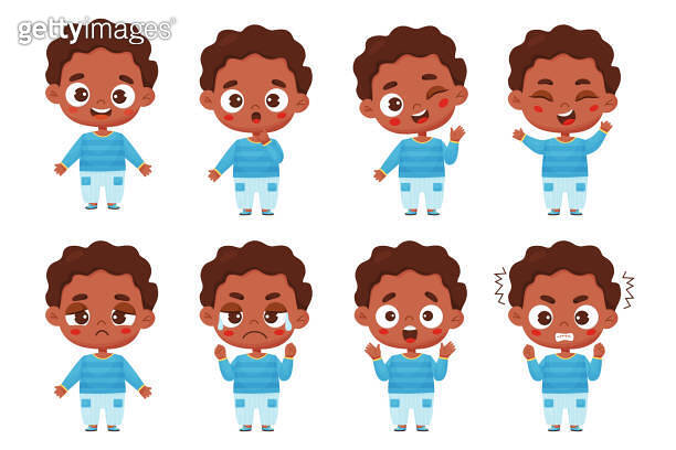 Big set kids emotions. Cute black ethnicity boy with different facial ...