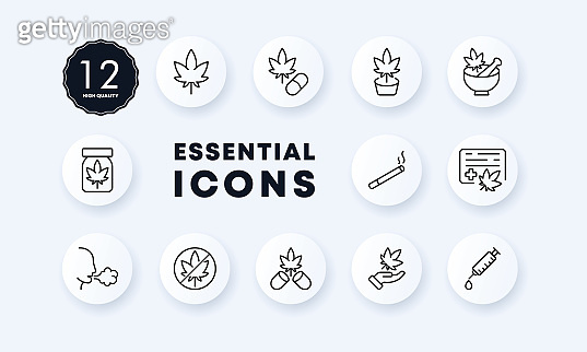 Narcotic substances set icon. Cannabis, hemp, marijuana, tobacco ...