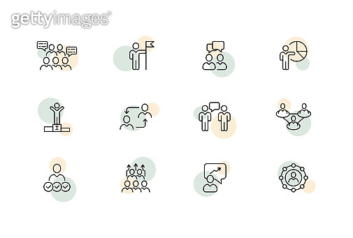 Teamwork set icon. Achieve goals, employee, flag, communication ...