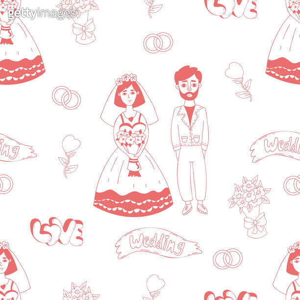 Seamless wedding pattern. Couple of newlyweds, bride and groom, hearts ...