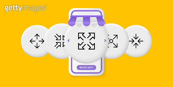 Virtual reality set icon. Arrow, zoom, Switch the application to full screen mode. Increase ...