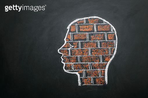 Human head with brick wall. Mental block. Symbolized with a brick wall ...
