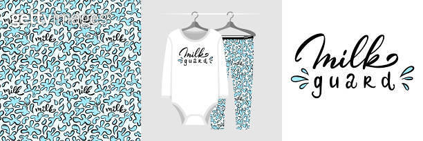 Seamless pattern and illustration set with milk splash and lettering ...
