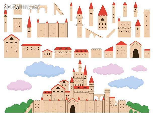 Medieval castle constructor. Castles roof tower, roman monument ...