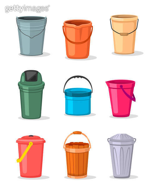 Different empty buckets. Illustration of bucket and water container ...