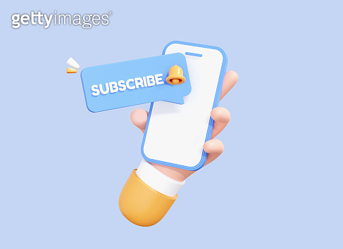 3D Hand holding mobile phone with Subscribe speech bubble. Social media ...