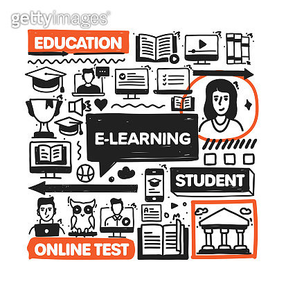 E-Learning object and elements. Vector doodle illustration collection ...