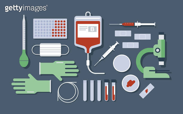 Overhead view of neatly ordered medical laboratory supplies 이미지 ...