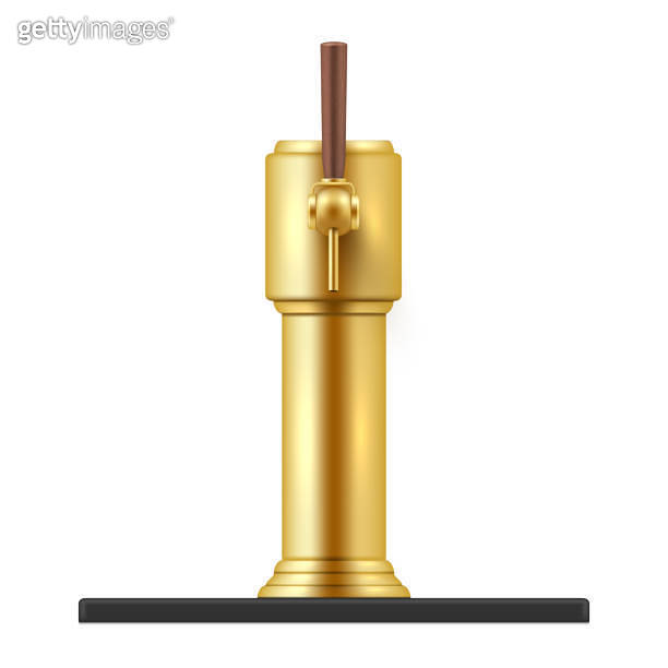 Realistic metallic golden bar beer tap vector illustration. Pub alcohol malt drink beverage ...