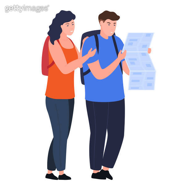 Tourists couple learning paper map position route vacation vector flat ...
