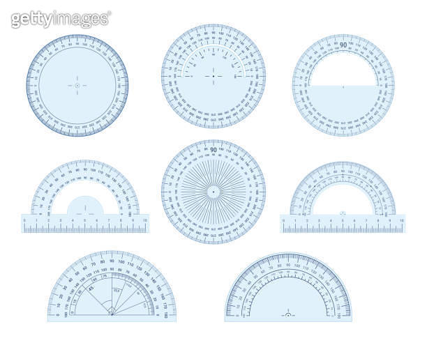 Round Protractors Tools For Angle Measure Scale 180 And 360 Degree Set Realistic Vector