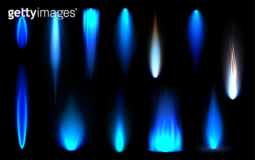 Gas flame illuminated abstract blue vibrant burning fire set realistic ...